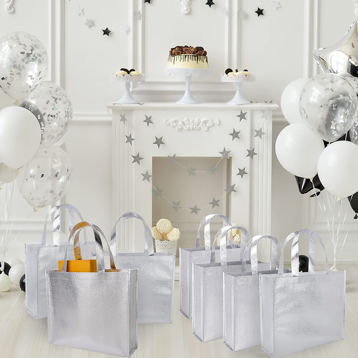 PHOGARY 12 Large Gift Bags with Handles (Silver), Stylish Tote Bags for Birthday Wedding Party Favor Christmas Wrap, Reusable Glossy Grocery Bags, non-woven fabric