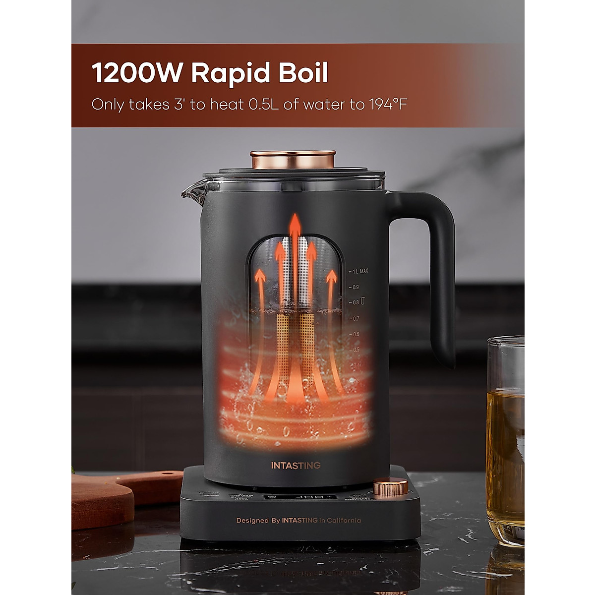 Electric Tea Kettle, INTASTING Glass Electric Kettle with tea Infuser and Precise knob temperature control, 1200W Fast Heating, BPA-Free, Easy to Clean, for Tea and coffee, Dark Grey