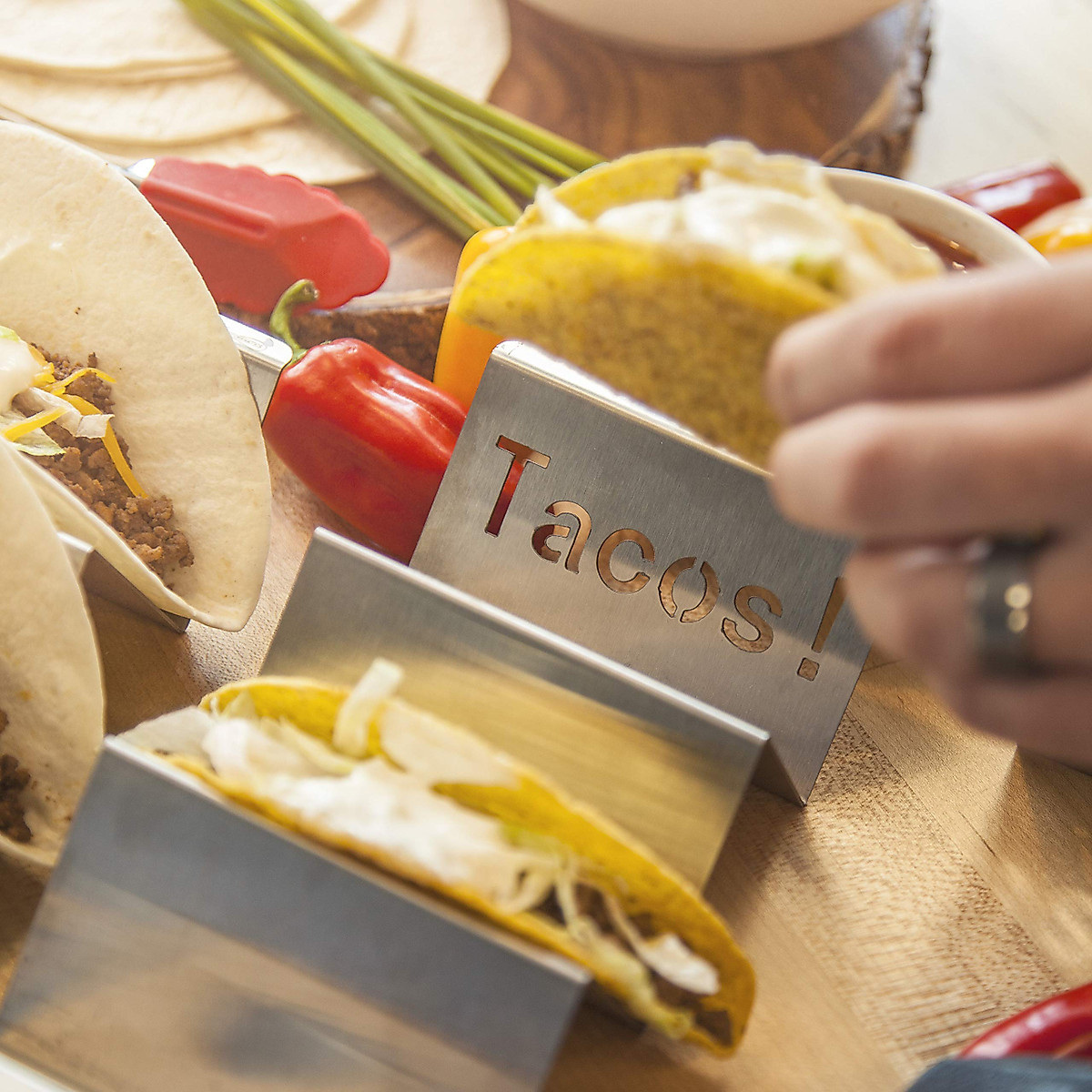 KITCHENATICS Stainless Steel Taco Holder Taco Stand - Metal Taco Tray Holders For Serving Tacos, Taco Plates, Taco Shell Mold - Grill, Oven &amp; Dishwasher Safe Taco Holder Stand - Taco Holders Set of 4