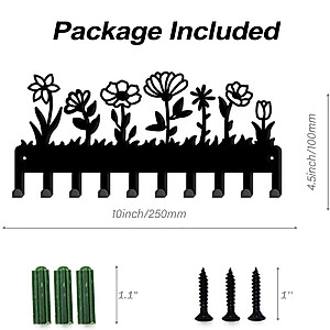 SUPERDANT Flower Metal Key Holder 10 Hooks Tulip Daisy Black Iron Wall Mounted Hooks Decorative Hook Organizer Rack for Bag Clothes Key Hanging Wall Decoration