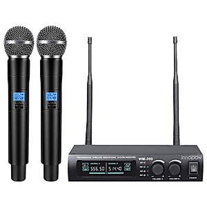 innopow Wireless Microphone System, Dual UHF Metal Cordless Mic Set, Long Distance 150-200Ft,16 Hours Continuous, Fixed Frequency, Use for Karaoke Singing, Family Party,Church (CH.01&02)