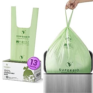 SUPERBIO 13 Gallon Compostable Handle Tie Tall Kitchen Garbage Bags, Heavy Duty Food Scrap Trash Bags Certified by BPI Meeting ASTM D6400 Standards, Eco-Friendly and Convenient, 30 Count