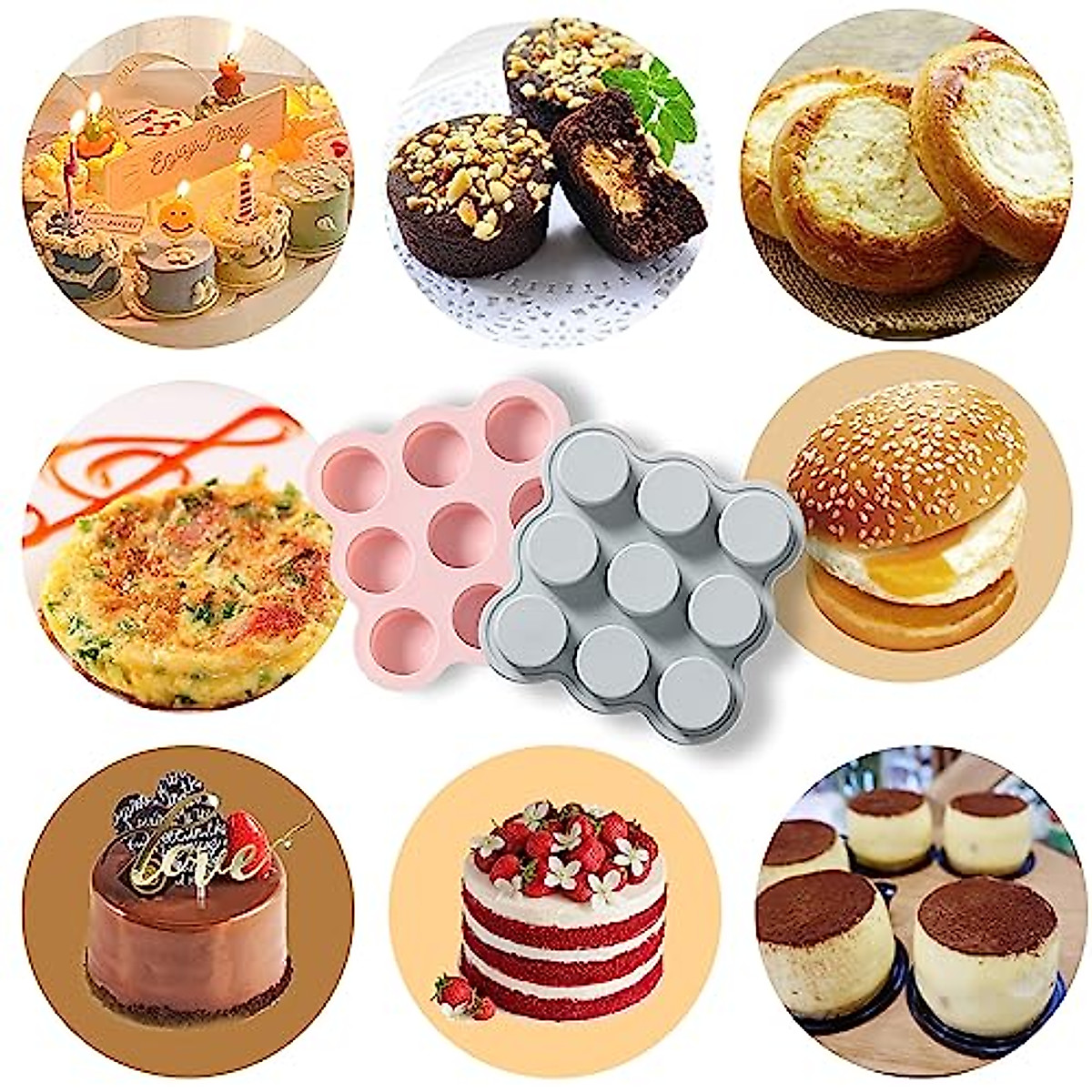 2-Pcs Air Fryer Muffin Pan, Reusable Silicone Air Fryer Baking Pan, Non-Stick Mini Cupcake Pan, Silicone Muffin Pan For Baking, Burger Bread Pan, Air Fryer Accessories, 9 Cavities