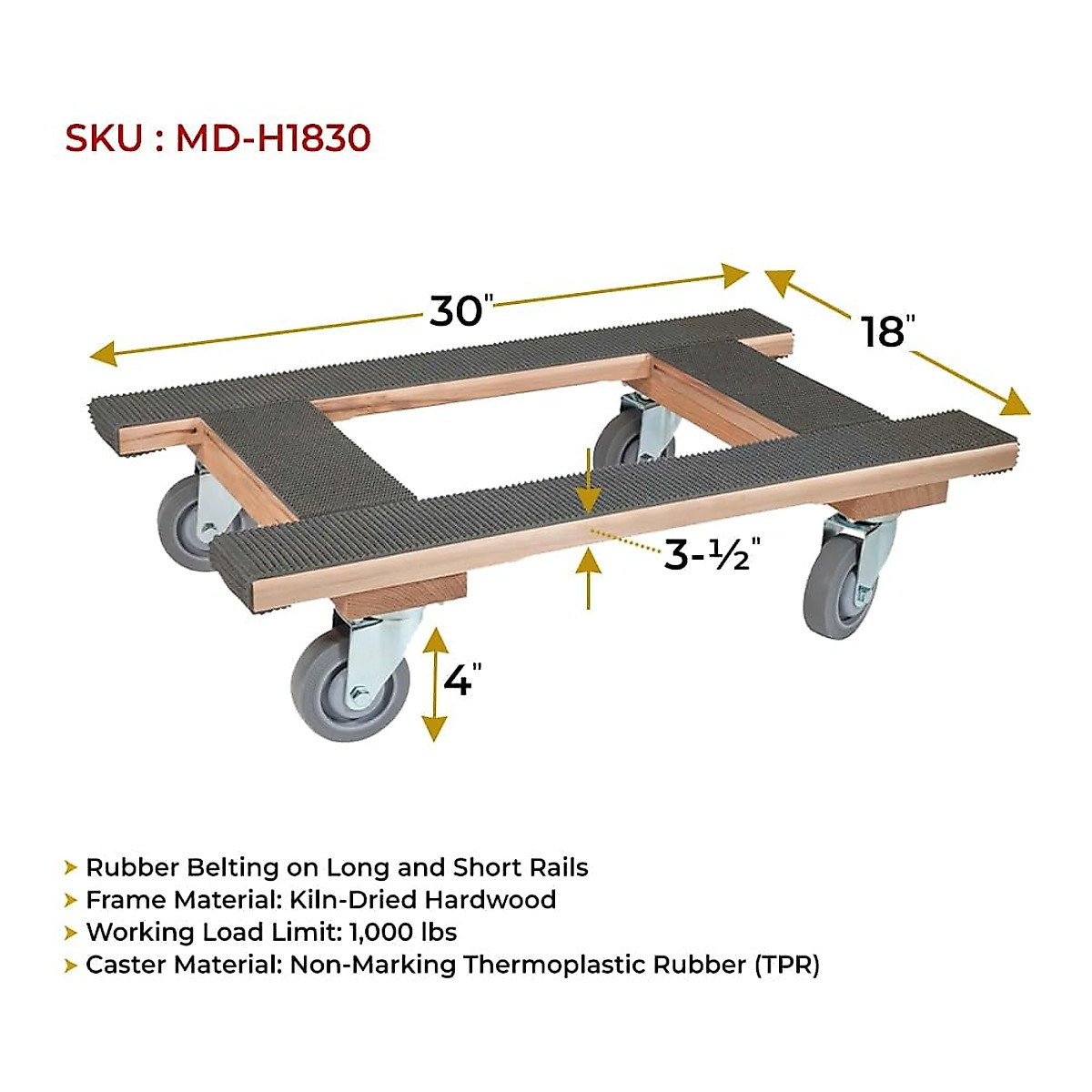 Mytee Products 18"x30" H Frame Movers Dolly w/Rubber Tread & 4" Non Marking Wheels - 1000 lbs WLL H Shape Heavy Duty 4 Wheel Moving Dolly Cart for Packing & Moving Supplies - Furniture Piano Dolly