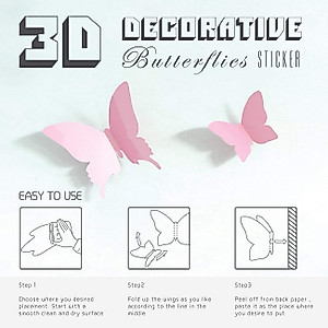 Somotersea 24PCS 3D Butterfly Wall Decal Removable Refrigerator Magnets Stickers Decor for Kids Room Decoration Home and Bedroom Art Mural Pink