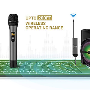 TONOR Wireless Microphone, UHF Dual Cordless Metal Dynamic Mic System with Rechargeable Receiver, for Karaoke Singing, Wedding, DJ, Party, Speech, Church, Class Use, 200ft (TW630), Gray