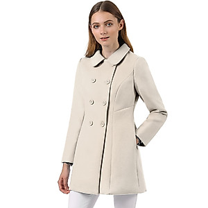 Allegra K Women's Peter Pan Collar Double Breasted Winter Long Trench Pea Coat Small Beige