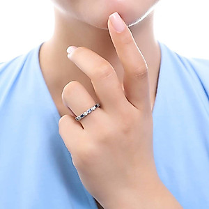 BERRICLE Sterling Silver Art Deco Wedding Rings Simulated Blue Sapphire Milgrain Bezel Set Cubic Zirconia CZ Anniversary Eternity Ring for Women, Rhodium Plated Size 5