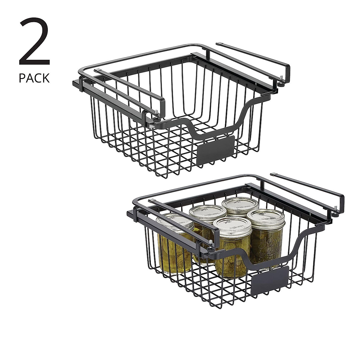 mDesign Wire Under Shelf Organizer for Cabinet - Sliding Basket for Under Cabinet Shelf - Hanging Organizer Rack for Kitchen and Pantry with Label Space - Carson Collection - 2 Pack - Matte Black