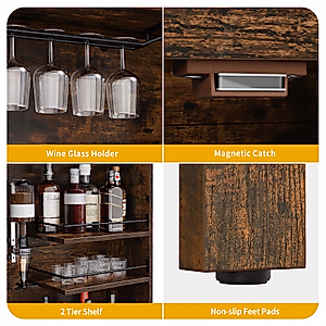 DWVO Farmhouse Bar Cabinet w/LED Lights, 71" Liquor Cabinet for Glasses, Tall Wine Bar Cabinet w/ 4-Bottle Liquor Dispenser & Wine Rack, Kitchen Storage Cabinet for Living Room, Rustic Brown