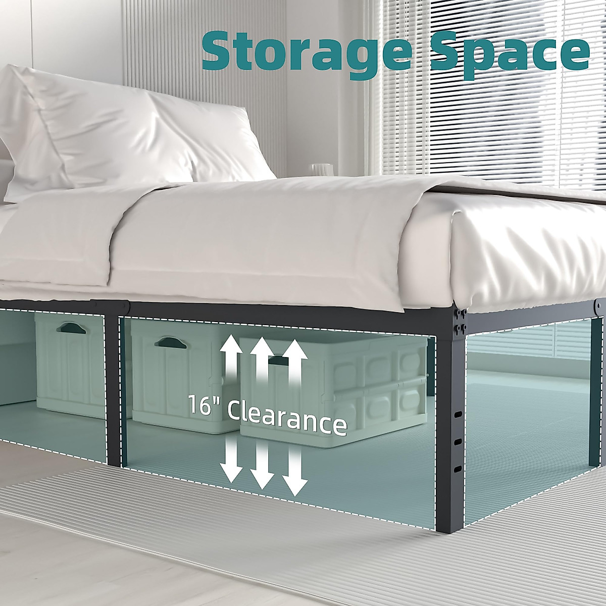 Queen Bed Frame 16 Inch High Metal Platform Bed Frame with 4 Mattress Retainers Heavy Duty Steel Slats Black Kids Queen Size Bed Frame with Headboard Hole No Box Spring Needed Noise Free Easy Assembly