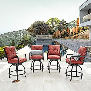 LOKATSE HOME Outdoor Swivel Bistro Chairs Patio Metal Furniture Height Bar Stool with Cushion, Set of 4, Red