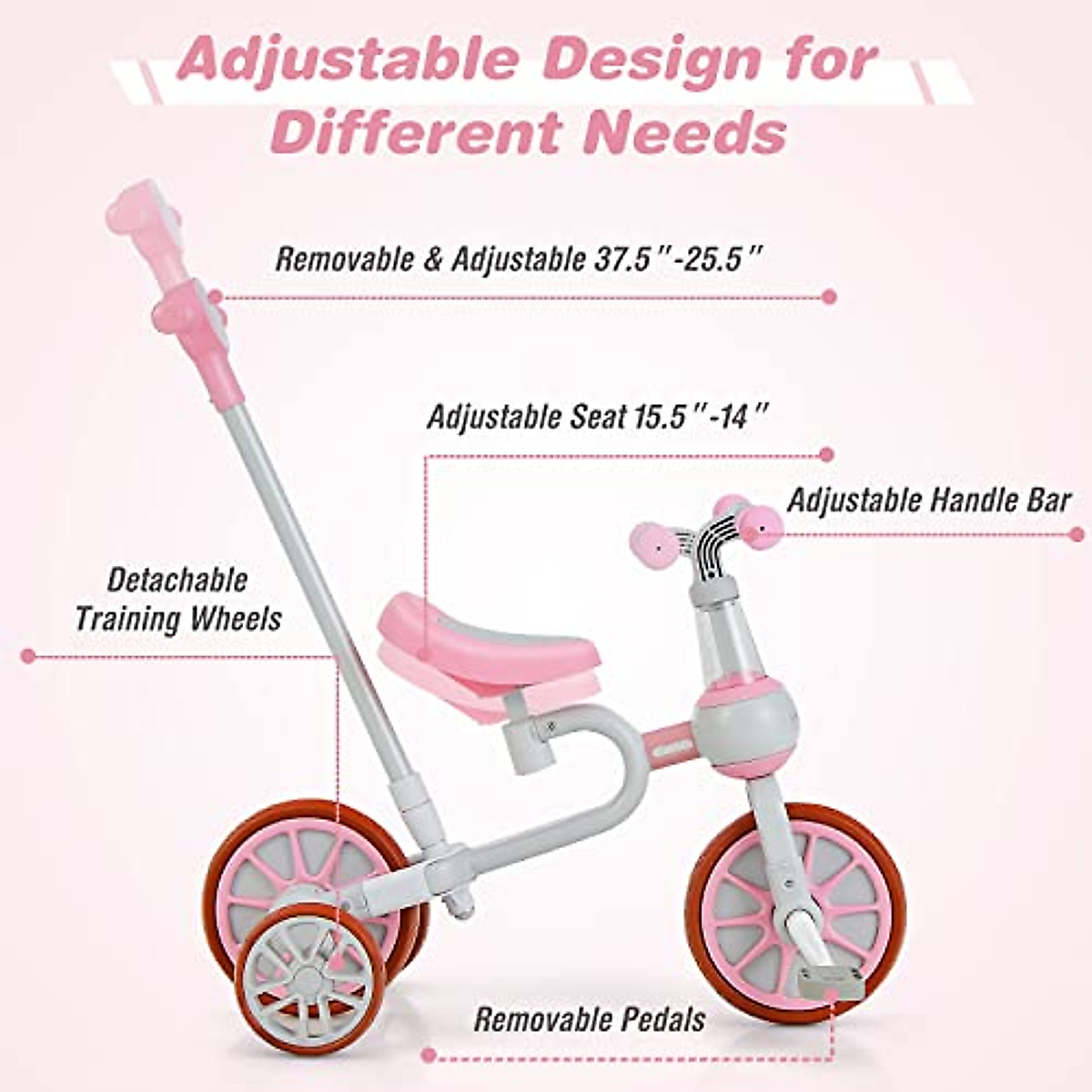 OLAKIDS Toddler Tricycle, 5 in 1 Kids Trike for Age 2-4 with Push Handle, Baby Bike with Adjustable Seat and Handle, Removable Pedal and Training Wheels for Boys Girls Toy Gift (Pink)