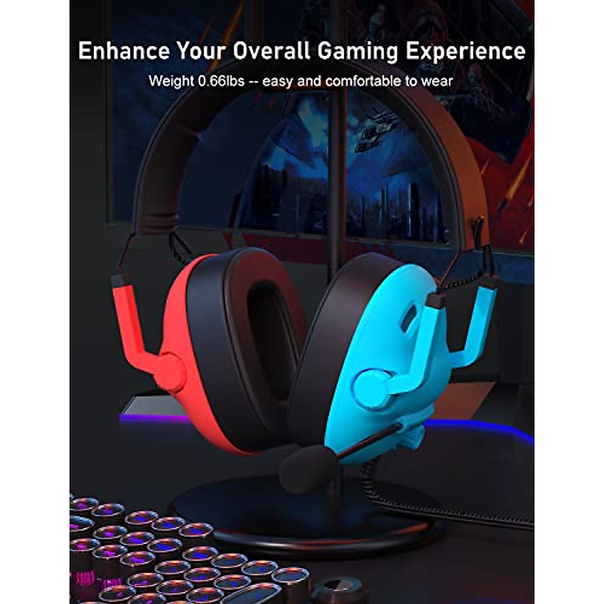 SENZER SG500 Surround Sound Pro Gaming Headset with Noise Cancelling Microphone - Detachable Memory Foam Ear Pads - Portable Foldable Headphones for PC, PS4, PS5, Xbox One, Switch - Red&Blue