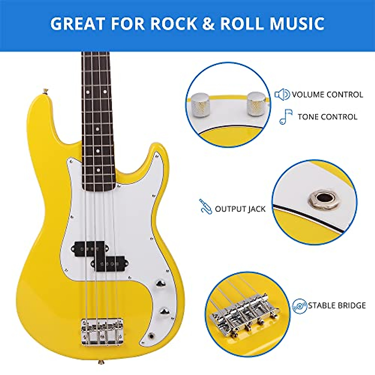 Ktaxon 4 String Electric Bass Guitar, PB-Style Full Size Standard Right Handed Beginner Kit with 20W AMP Gig Bag Strap for Youths & Adults (Yellow)