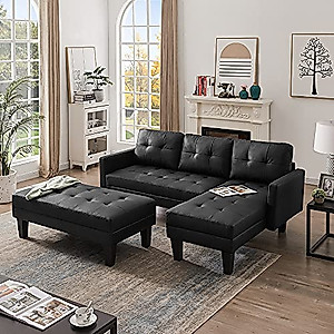 UBGO Living Room Modular, 3 Piece Furniture Set, PU Faux Leather Sectional,Convertible Bed,L-Shape Sofa Chaise Lounge with Ottoman Bench for Office Apartment,Black