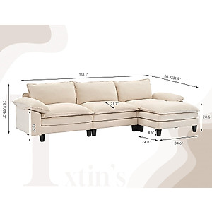 Txtin's 118" 3 Seat Cloud Couches for Living Room, L Shape Sectional Couch with Ottoman, Modular Sectional Sofa for Apartment, Beige