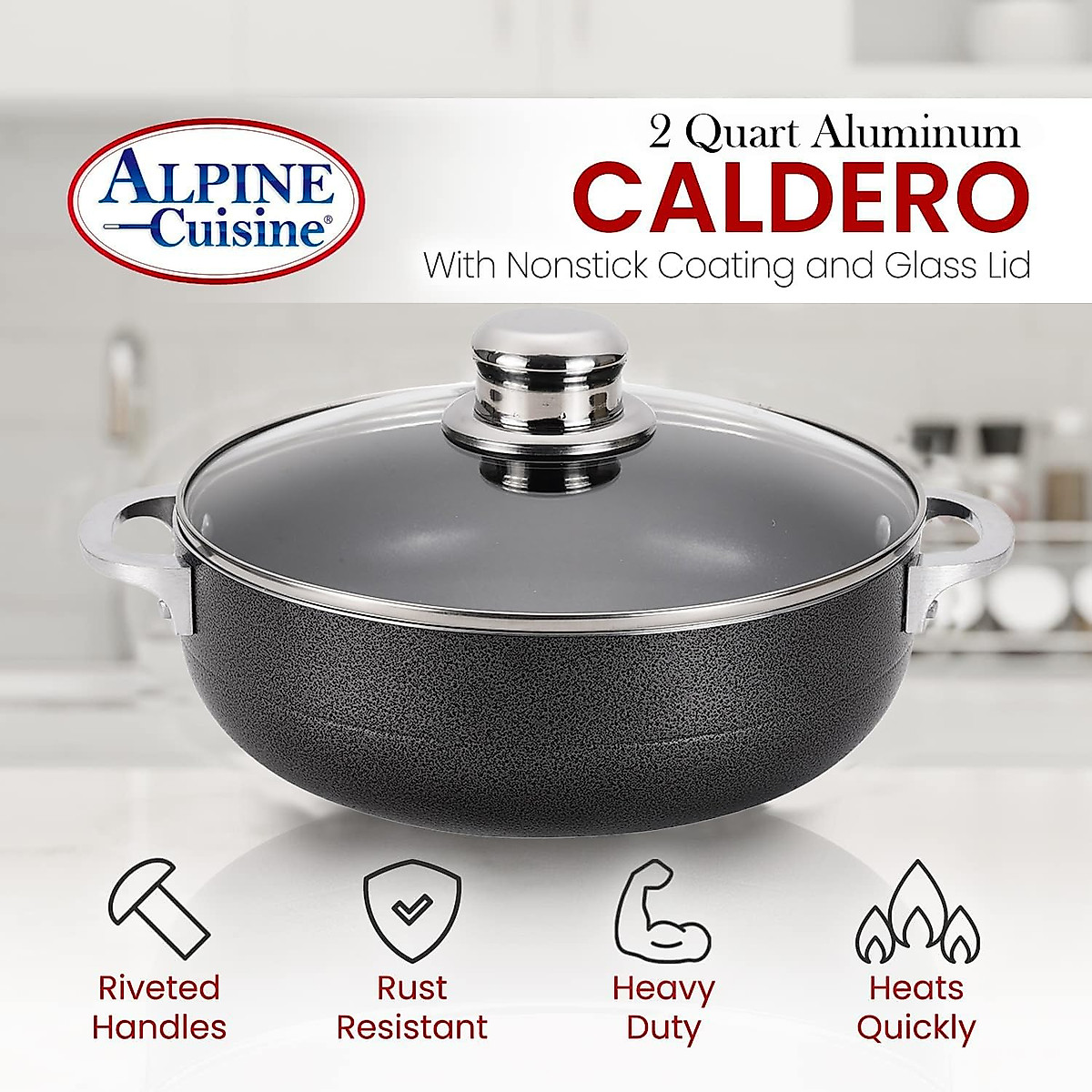 Alpine Cuisine Non-Stick Dutch Oven 11 Quart with Glass Lid | Multi-Purpose Aluminum Caldero for Braising - Boiling - Stewing | Nonstick Coating with Black Finish | Ideal for All Serving Sizes Pot