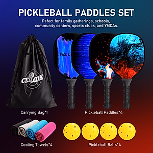 CELLOOK Pickleball Paddles Set of 4, Wooden & Honeycomb Core Pickle Ball Rackets, 4 Pickle Balls, 4 Cooling Towels & Pickleball Bag, Gifts for for Adults Kids Beginners (Dazzling)