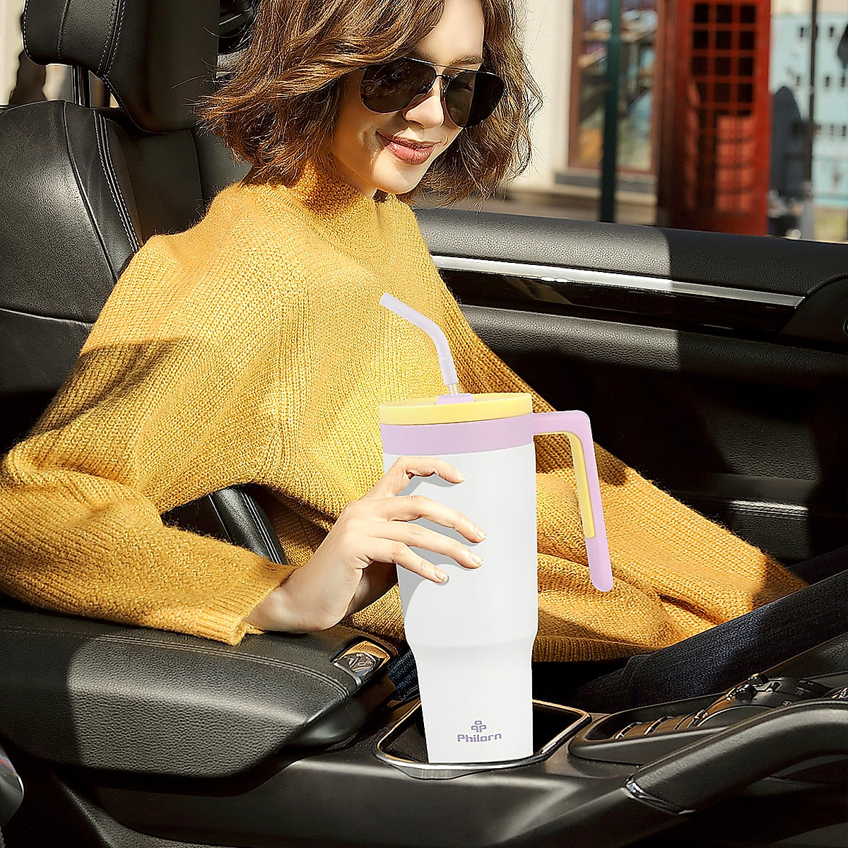 PHILORN 40 oz Tumbler with Handle & Lid, Spill Proof Large Tumbler Cup with Straw - Stainless Steel Vacuum Insulated Travel Water Mug Leak Resistant for Cold Tea or Coffee - Gifts for Women Men