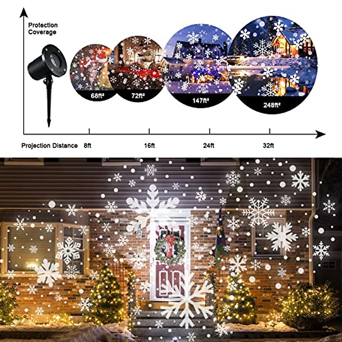 Christmas Projector Lights Outdoor - Christmas Snowflake Projector Lights with Waterproof Plug in Moving Effect Wall Mountable for Garden Ballroom, Party, Halloween, Holiday