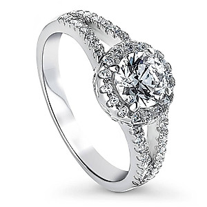 BERRICLE Sterling Silver Halo Wedding Engagement Rings Round Cubic Zirconia CZ Promise Split Shank Ring for Women, Rhodium Plated Size 7