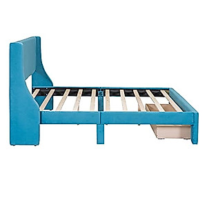 HBRR Queen Size Bed Frame with Drawer and Headboard, Velvet Upholstered Platform Bed with Wood Slats, Mattress Foundation, No Box Spring Needed, Easy Assembly, Blue