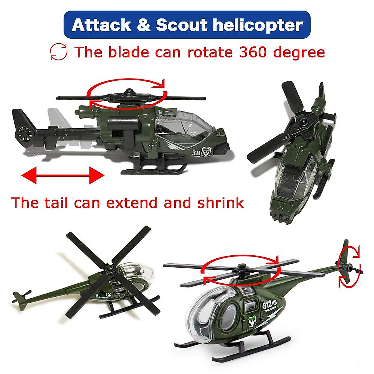 JQGT Diecast Military Vehicles Army Toy 6 in 1 Assorted Metal Model Cars Fighter Tank Attack Helicopter Panzer Playset for Kids Toddlers