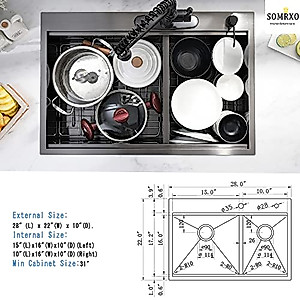 SOMRXO 28 Black Stainless Steel Kitchen Sink Double Bowl 28x22 Drop In Kitchen Sink Workstation Ledge 16 Gauge Gunmetal Black Kitchen Sink Topmount 10" Deep 40/60 Low-Divide Double Bowl Kitchen Sinks