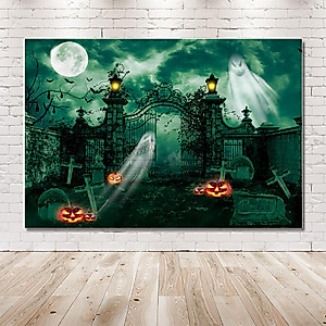 MEHOFOND 10X7ft Halloween Haunted Graveyard Green Photography Backdrop Ghost Lantern Gothic Night Spooky Cemetery Gate Terror Desolate Background Horror Party Banner Decorations Kid Shoot Booth Props