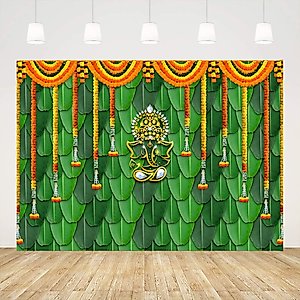 Ticuenicoa India Pooja Traditional Backdrop 7x5ft Banana Leaf Green Chatiya Ganesh Photography Background Puja Ganpati Pooja Mehndi backdrops Wedding Party Decorations Marigold Garlands Photo Props