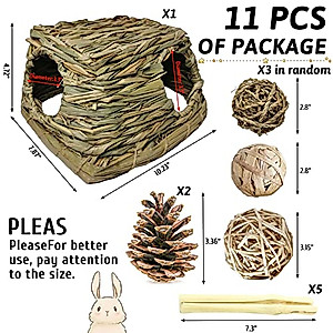 PINVNBY Guinea Pig Grass House with Chew Toys Little Rabbit Natural Hideout Small Pet Grass Hut with Play Toys for Bunny Hamster Rat Chinchilla Hedgehog Squirrel Gerbil（Ball at Random）