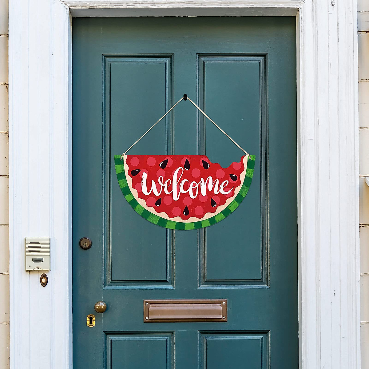 Jetec 2 Pieces Summer Watermelon Hanging Sign Shape Welcome Wooden Door Sign Hanging Plaque Rustic Wall Sign Yard Indoor Outdoor Garden Decoration with Rope, 13.4 x 6.9 Inch