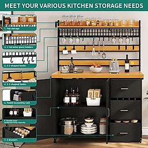 YITAHOME Kitchen Island with Power Outlet & LED Light, 53 Inch Large Standing Baker Rack, Tall Shelf Storage Cabinet on Wheels, Thick Countertop, Glass Holder, Spice Rack, Black Oak