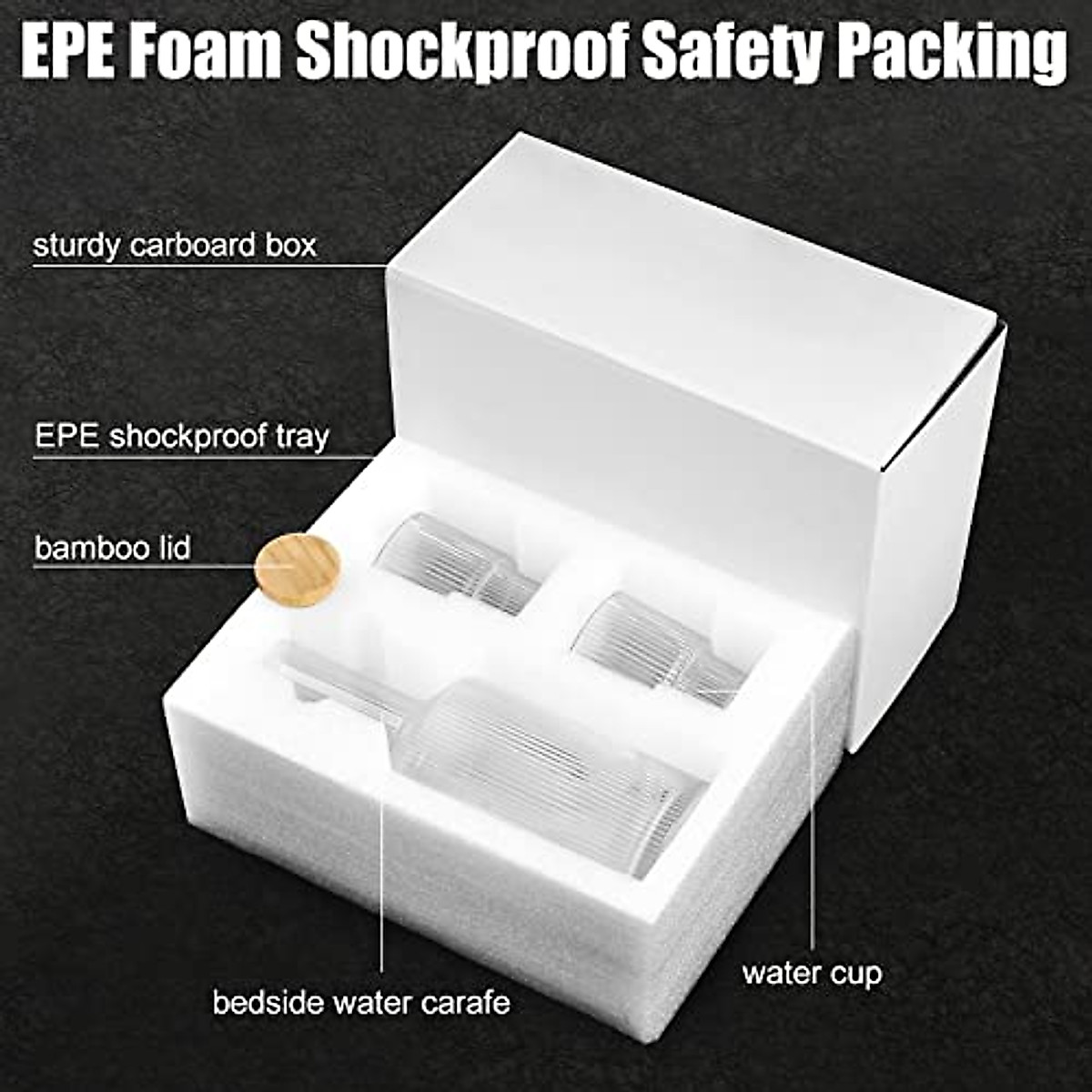 ALINK Glass Bedside Water Carafe with Lid and Glass Cups Set, Ribbed Carafe Glassware Drinking Glasses for Nightstand, 27oz Vintage Fluted Glassware Water Pitcher - Clear