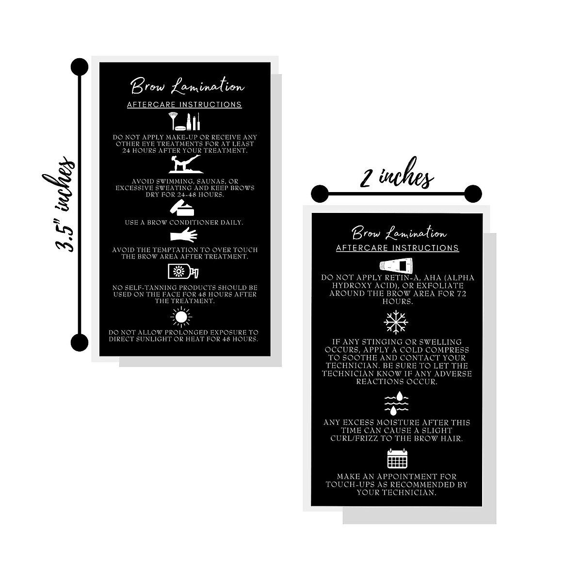 Brow Lamination Aftercare Instruction Cards | 50 Pack | 2x3.5” inches Business Card Size | Starter Lift Kit At Home DIY Brow Lift and Tint | Snatched Brows Black with White Icons Design