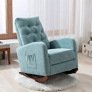 Baysitone Rocking Accent Chair, Tufted Upholstered Luxury Cotton Lounge Chair, Glider Rocker Armchair with Side Pocket for Nursery, Living Room, Bedroom, 300 lbs Strong Support (Mint Green + Cotton)