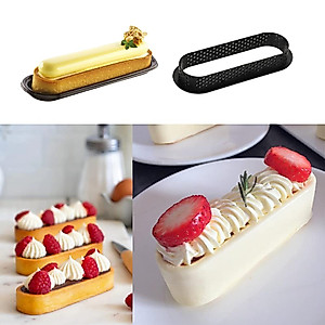 FOVIUPET 8pcs Oval Tart Rings Oval Tart Bottom Tower Cake Ring Mold Carbon Fiber Non Stick Perforated Tart Rings for Mousse Cheese Cake Muffin Pie Kitchen Baking Tart Molds (Black Oval)