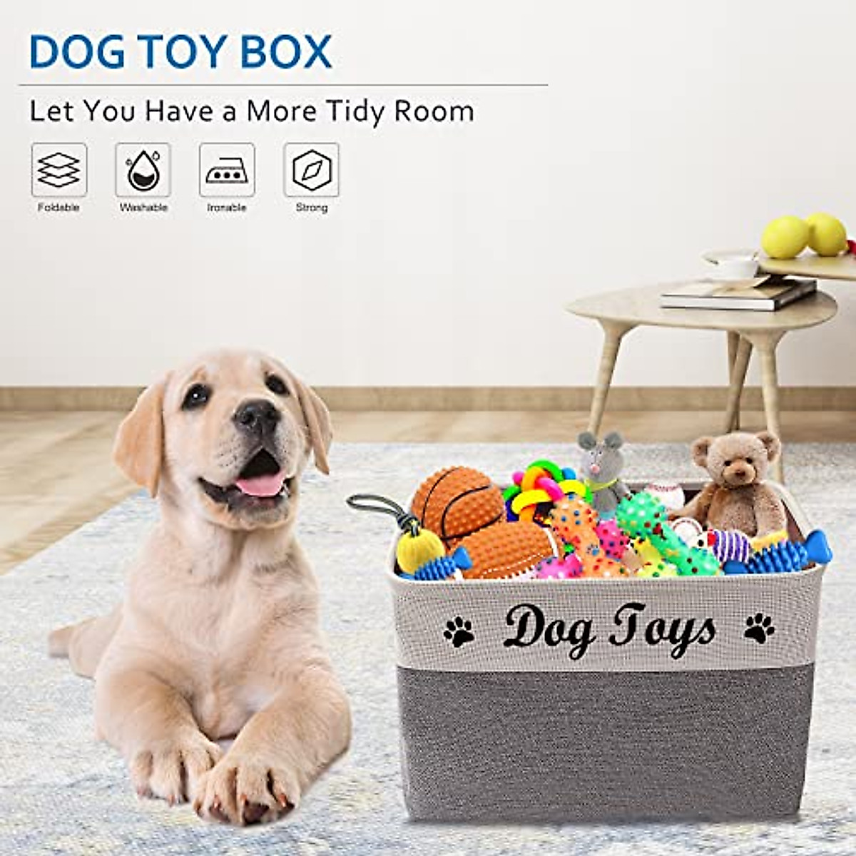 Tomlster Dog Toy Box Large - Dog Toy Basket, Collapsible, for Dog Toy Storage, Dog Toy Bin with Comfortable Handles, Suitable for Storage of dog toys, dog accessories - Grey