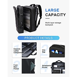 VECAVE Travel Backpack for Women Men Black Carry On Backpack,Expandable Airline Airplane Approved Weekenders Backpack,Fit 15.6 Inch Laptop Waterproof 40L Travel Backpack