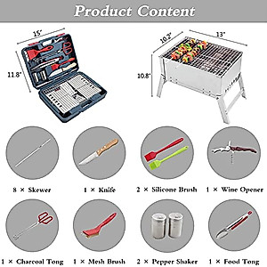KINGBO Portable Charcoal BBQ Grill, Small Grill with Tools Set, 13.8" × 9.5" × 9.8" Foldable Mini Stainless Steel Grill for Outdoor Camping Picnic Beach Hiking Patio Backyard