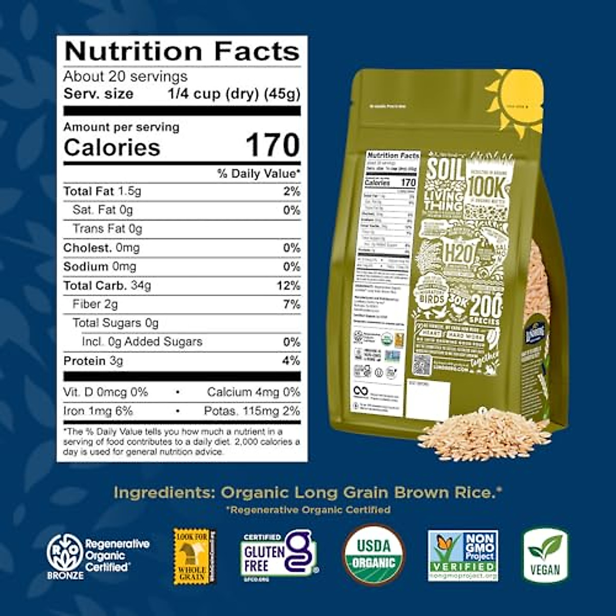 Lundberg Brown Rice, Organic Long Grain Rice - Non-Sticky, Fluffy Whole Grain Rice for Healthy Meals, Vegan Food, Gluten-Free Rice Grown in California, 32 Oz