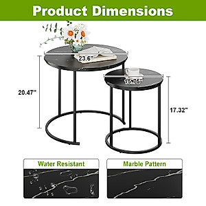 RRG Coffee Table Nesting Black Set of 2 Side - Black Frame and Round Black Marble Wood Table, Industrial End Table Side Tables for Living Room Bedroom Apartment Balcony Yard, Black Marble