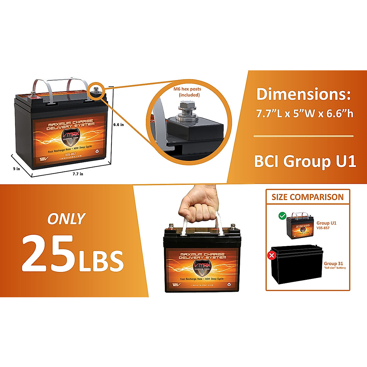 VMAXTANKS V35-857 12V 35AH AGM Marine Deep Cycle Battery for Berkley BTX25 - Saltwater Electric Trolling Motor (12V 35AH, GROUP U1, 7.7"x 5"x 6.1")