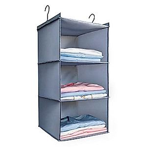 DonYeco Hanging Closet Organizer and Storage 3-Shelf, Easy Mount Foldable Hanging Closet Wardrobe Storage Shelves, Clothes Handbag Shoes Accessories Storage, Washable Oxford Cloth Fabric, Gray