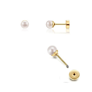 14K Gold Screw Back Pearl Stud Earrings for Women,Flat Back Pearl Cartilage Earrings Pearl Helix Earrings Hypoallergenic 316L Surgical Steel Piercing Jewelry Gift for Toddlers (5mm Pearl, Gold)