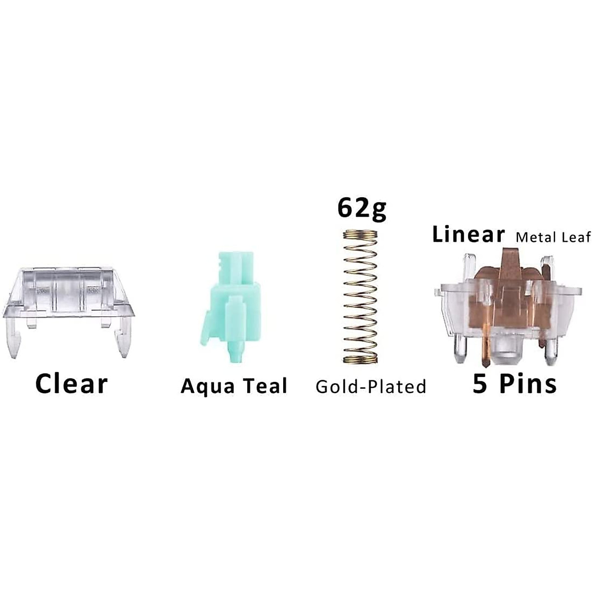 ZugGear Linear Switches 62g Transparent Aqua Teal Switch with Gold-Plated Spring Smooth Creamy Green Stem 5 Pins Linear Keyswitch (DUROCK L2 Clear, 20pcs)