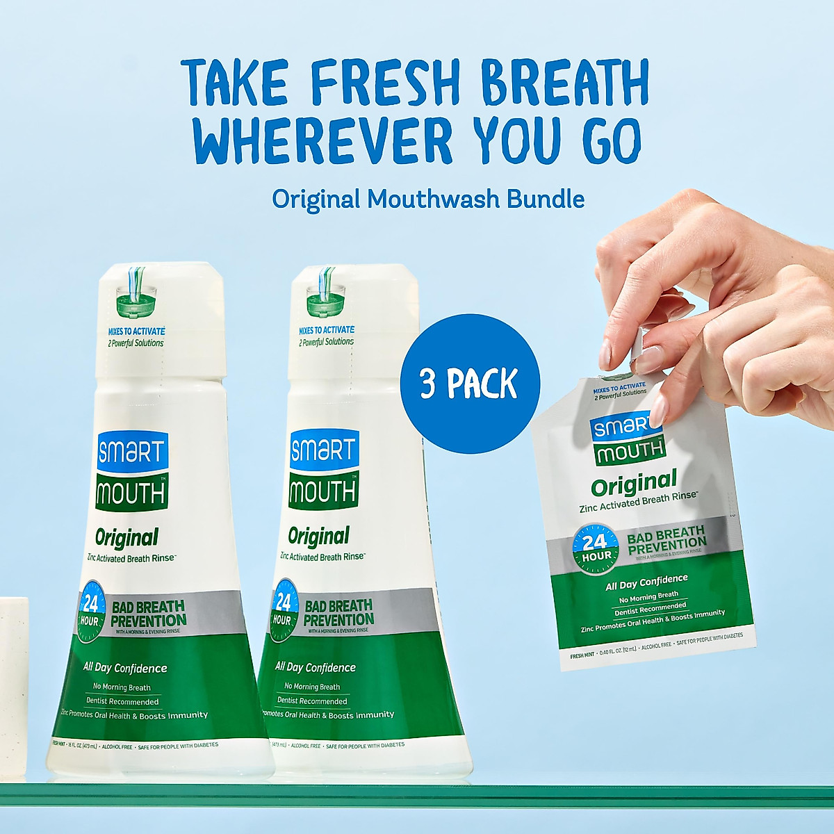 SmartMouth Original Activated 24hr Fresh Breath Rinse 2-pack and Single Travel Packs, Fresh Mint