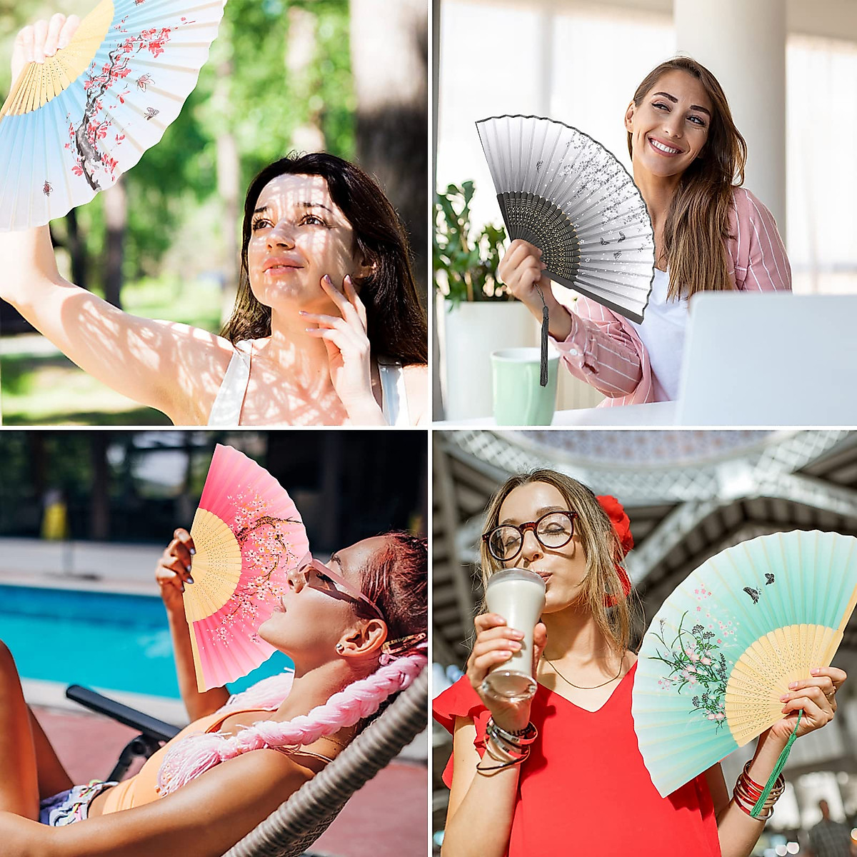 AOIPAMKEL Folding Fan Hand Held Fan, 5 pcs Japanese Fan Foldable Hand Fan, Silk Paper Fans with Tassel, Hollowed Fringe Foldable Fan, Handheld Fan foldable for Wedding, Party, Gifts, Wall Decoration
