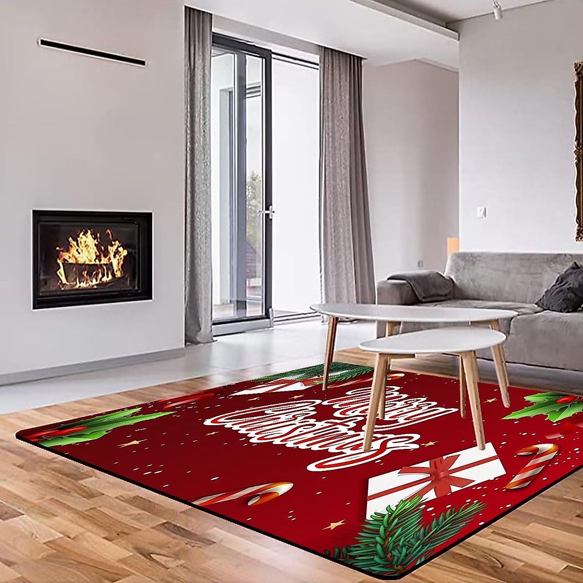FUYEUN 5' X 7' Christmas Rug Merry Xmas Door Mat Non-Slip Indoor Outdoor Front Door Doormat Living Room Bedroom Entrance Rug Happy Xmas Home Festive Decoration